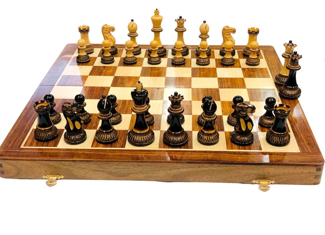 The Parker Burnt Series Chess Set Boxwood Burnt Pieces 3.75" King with ...