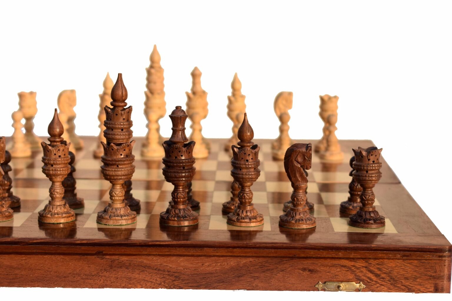 The Lotus Flower Carved Chess set Boxwood & Sheesham 4" King with 16 ...
